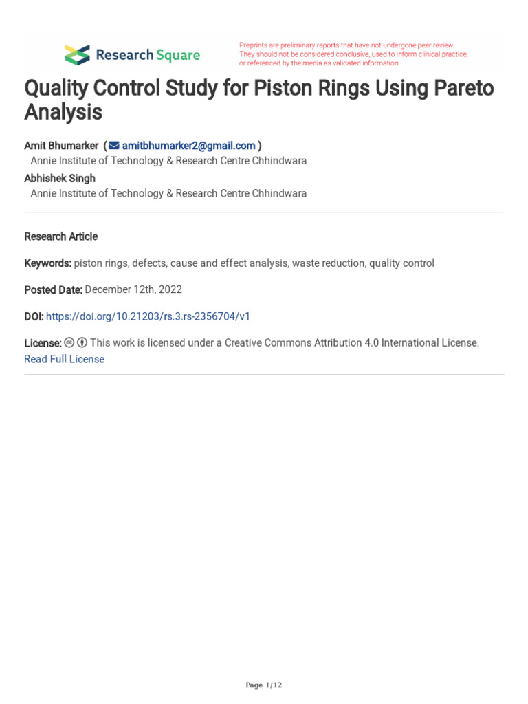 Quality Control Study For Piston Rings Using Paret | PDF | Piston | Mechanical Engineering