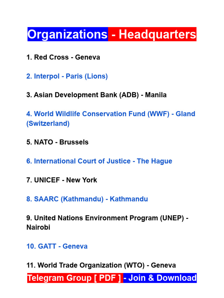 Major Organizations of The World and Their Headquarters | PDF