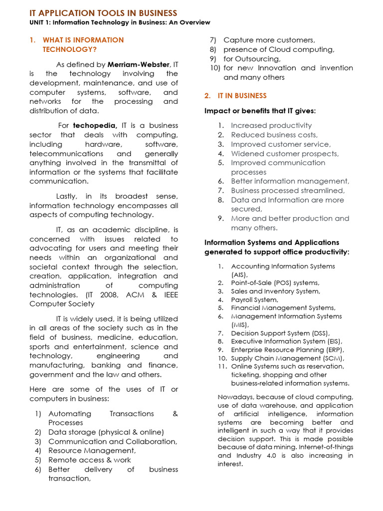 Unit 1 It in Business | PDF | Information System | Computing