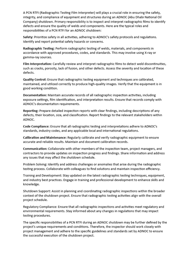 PCN RTFI Roles & Responsibilites | PDF | Safety | Radiography
