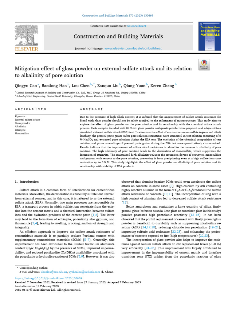 Mitigation Effect Of Glass Powder On External Sulfate 2023