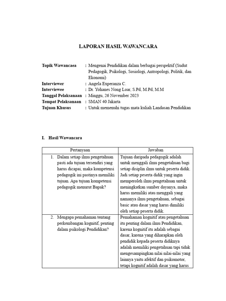 Laporan Hasil Wawancara | PDF | Sains & Matematika