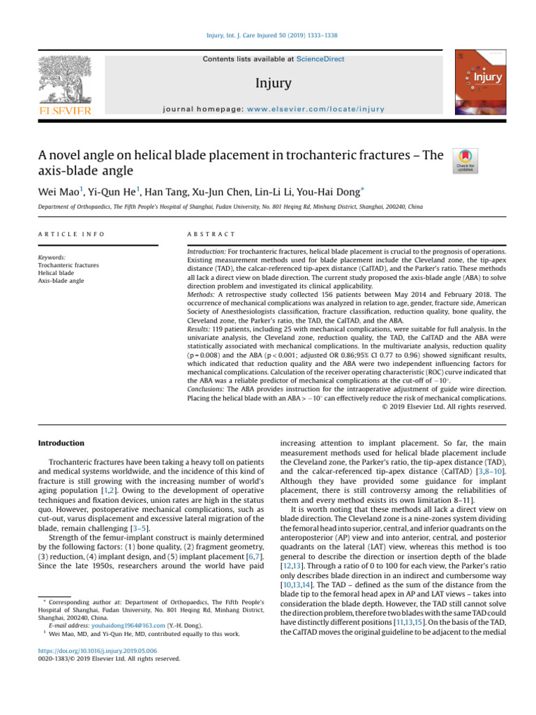 Axis-Blade Angle in Trochanteric Fractures | PDF | Receiver Operating ...
