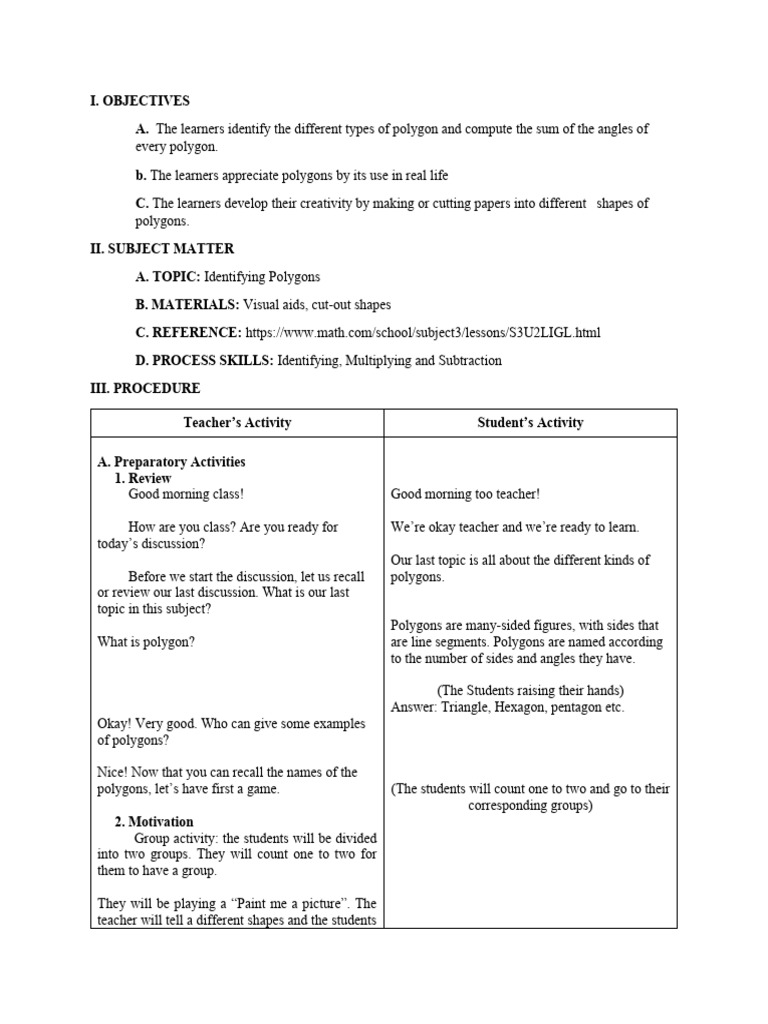 Lesson Plan in Math (4a's LP) | PDF | Polygon | Triangle