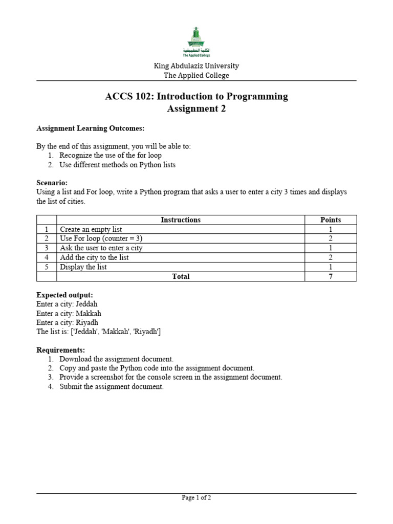 ACCS 102: Introduction To Programming Assignment 2 | PDF