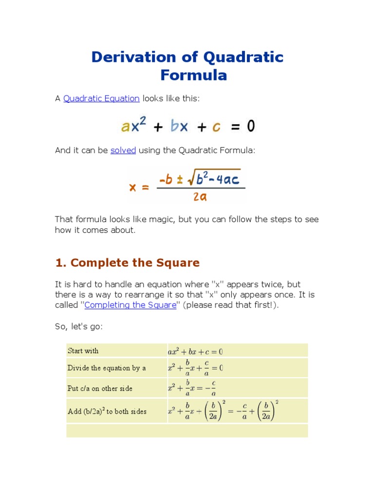 Derivation of Quadratic Formula: 1. Complete The Square | PDF