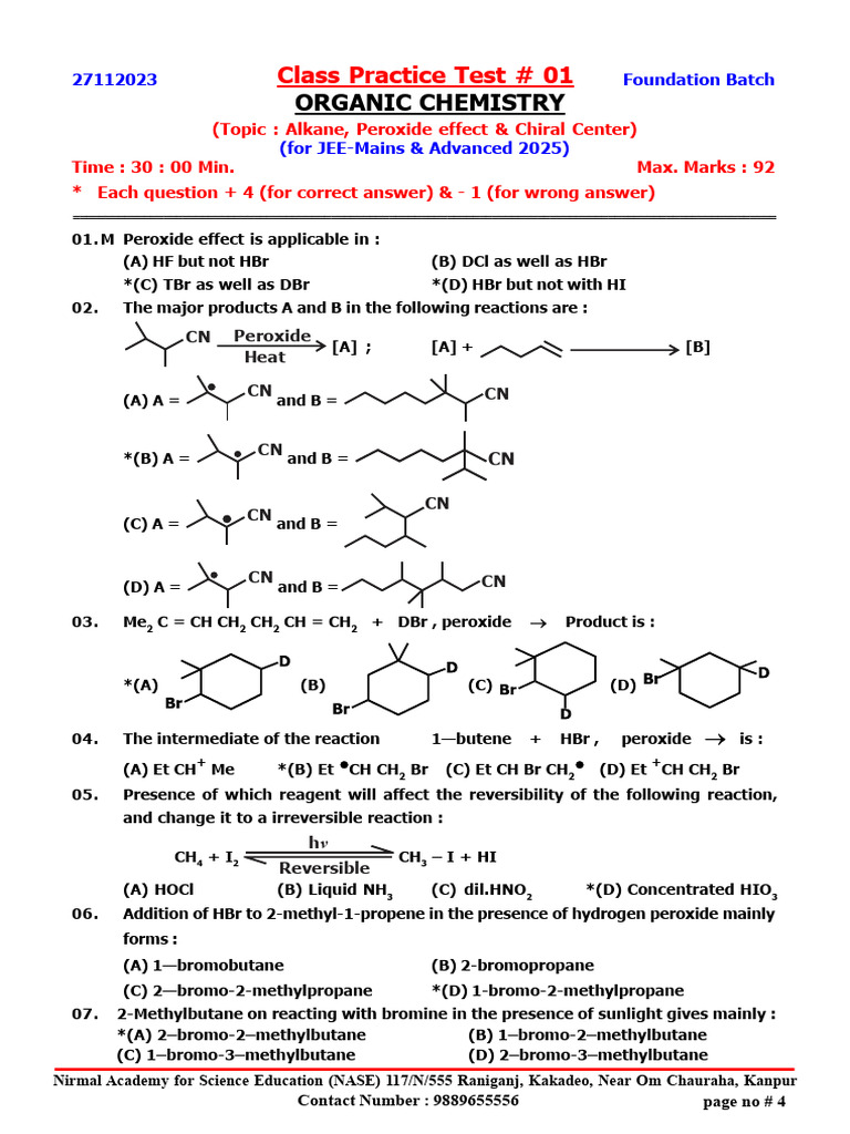 Answer Class Practice Test-Alkane, Peroxide Effect & Chiral Center (27 ...