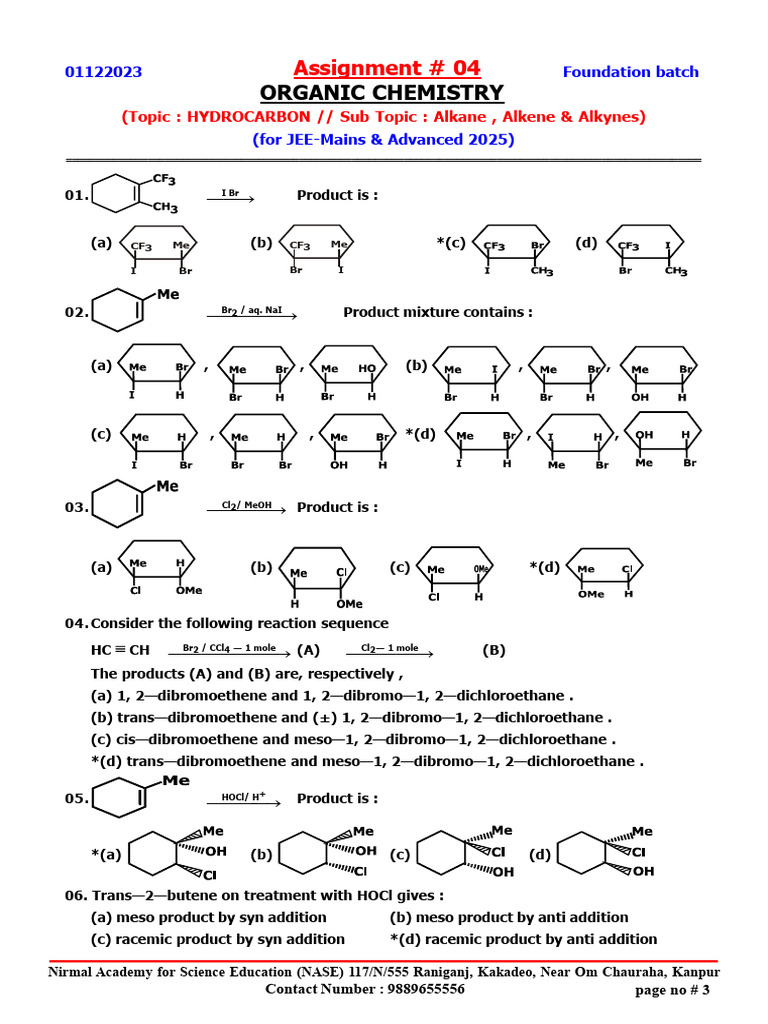 Answer Assignment-04 On Hydrocarbon (Alkane, Alkene & Alkynes) | PDF | Alkene | Chemistry