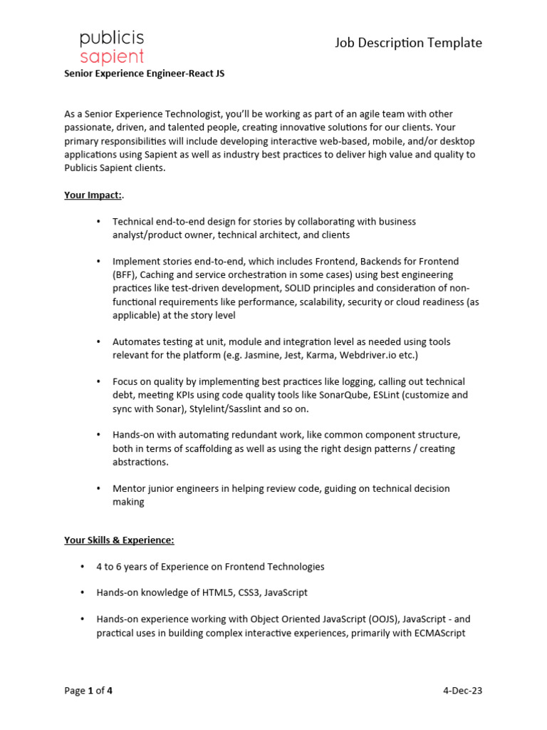 JD Senior Experience Engineer | PDF | Systems Engineering | Computing