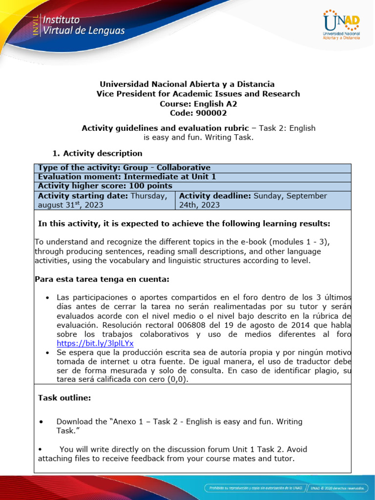 Activity Guide and Evaluation Rubric - Unit 1 - Task 2 - English Is Easy and Fun - Writing Task ...
