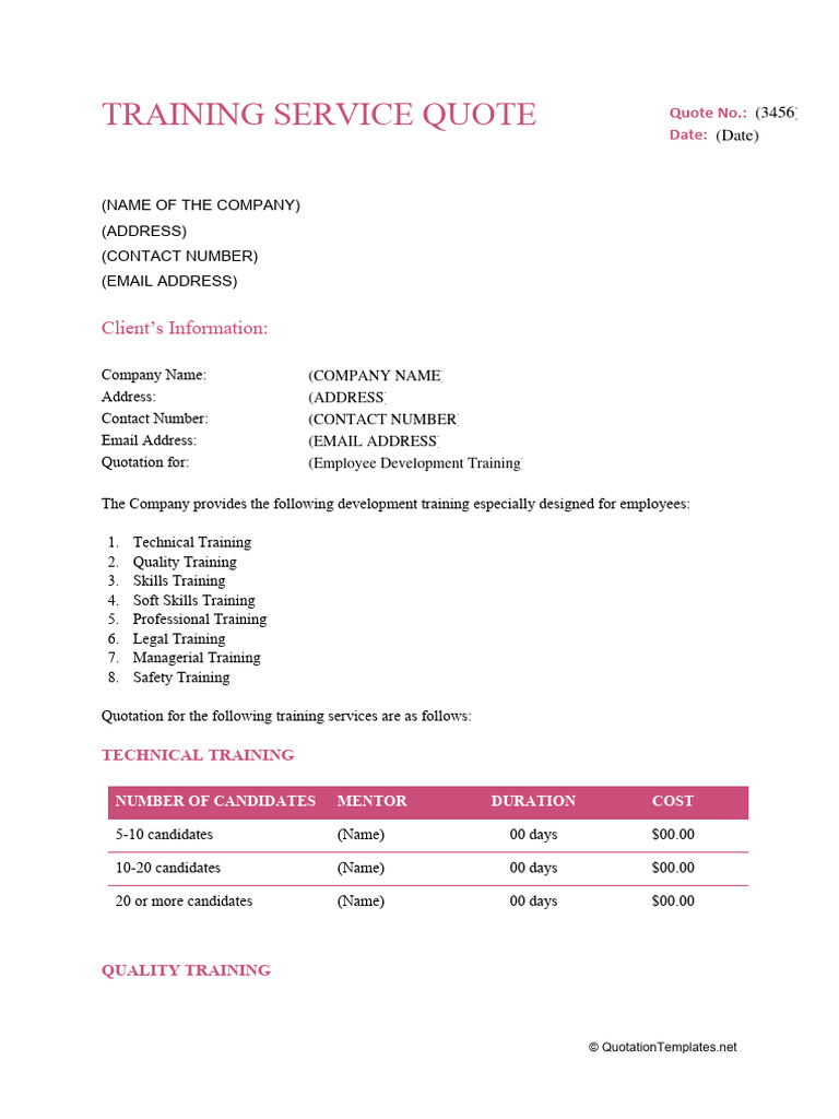 Training Service Quotation Template | PDF | Occupational Safety And ...