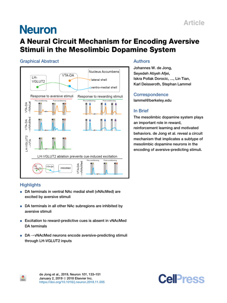 A Neural Circuit Mechanism For Encoding Aversive | PDF | Reward System ...