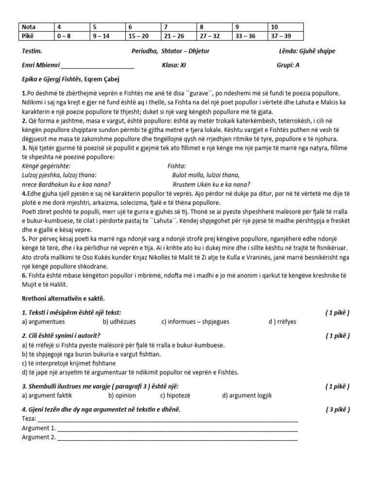 Epika E Gjergj Fishtës Testim Kl Xi Aurora Pdf