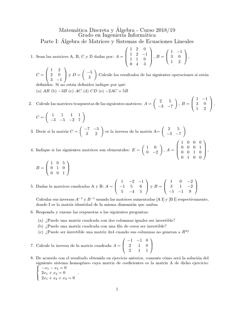 Hoja 1 - Matrices y Sist. Ec. Lin. | PDF | Matriz (Matemáticas ...