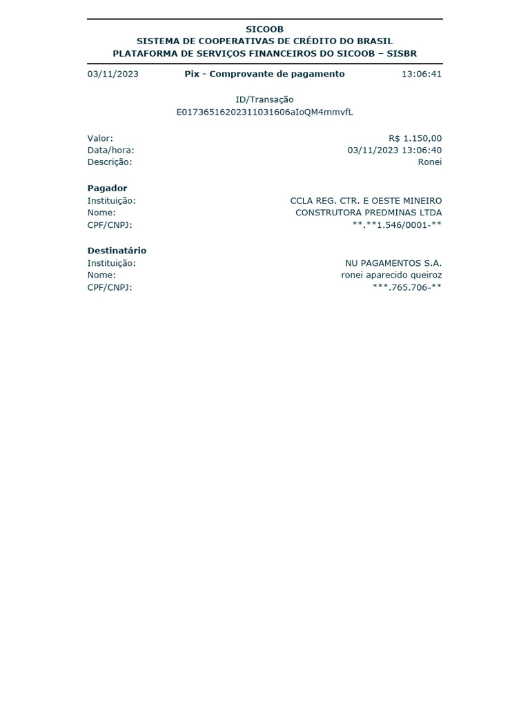 Sicoob Comprovante (03-11-2023 13-06-45) | PDF Sicoob Comprovante (03-11-2023 13-06-45) | PDF