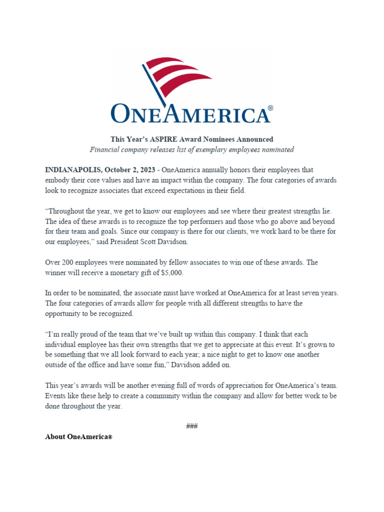 Annotated-Oneamerica 20news 20release | PDF | Insurance | Economies