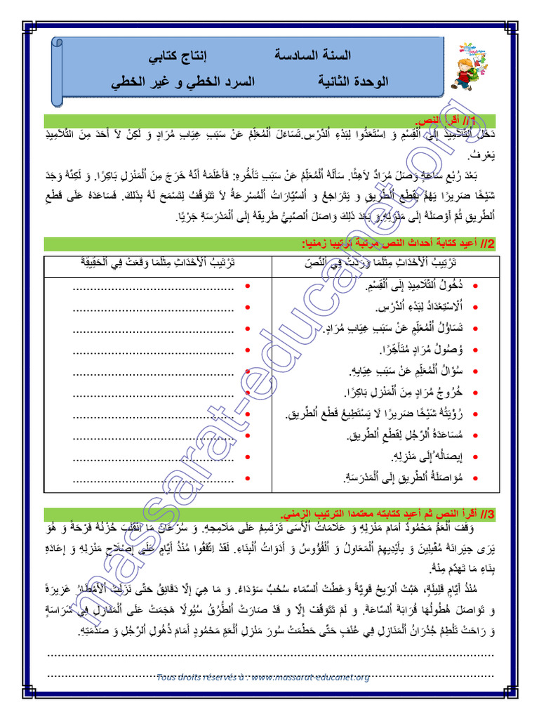 السنة السادسة - - - - إنتاج كتابي - - - - السرد الخطي و السرد غير الخطي ...