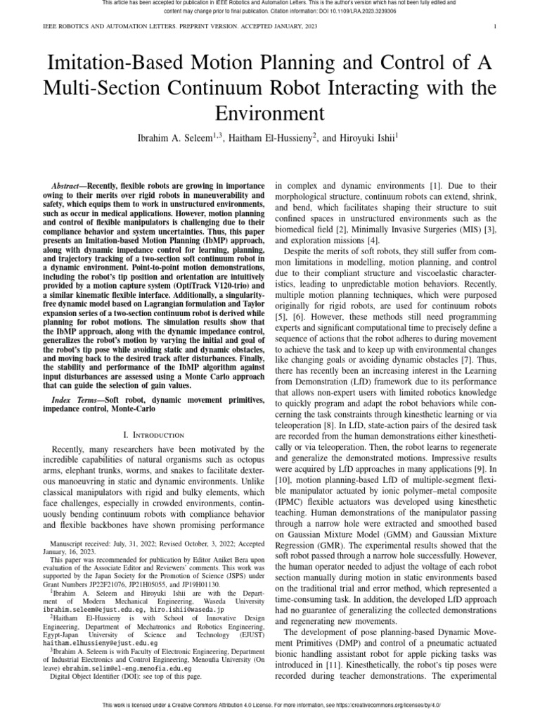 Imitation Based Motion Planning And Control Of A M Pdf Robot Robotics