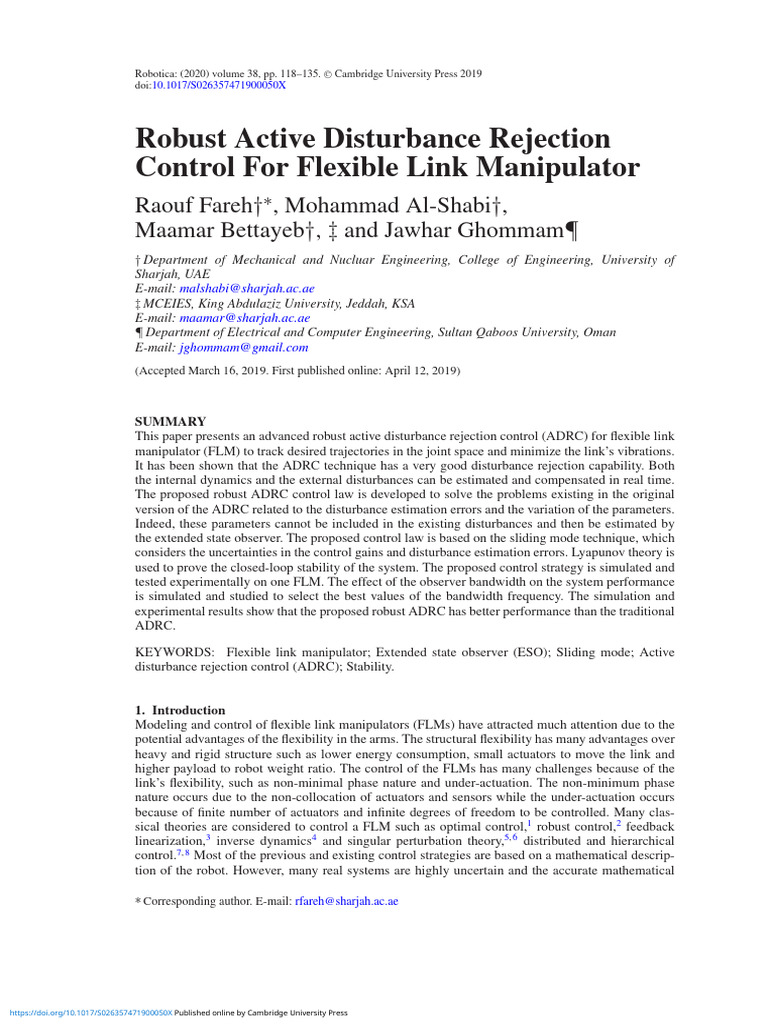 Robust Active Disturbance Rejection Control For Flexible Link Manipulator | PDF | Control Theory ...