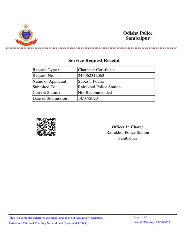 Character Certificate Status - Rairakhol | PDF