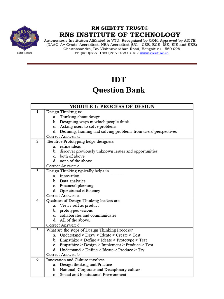 IDT Module 1 and 2 Question Bank | PDF | Design Thinking | Prototype