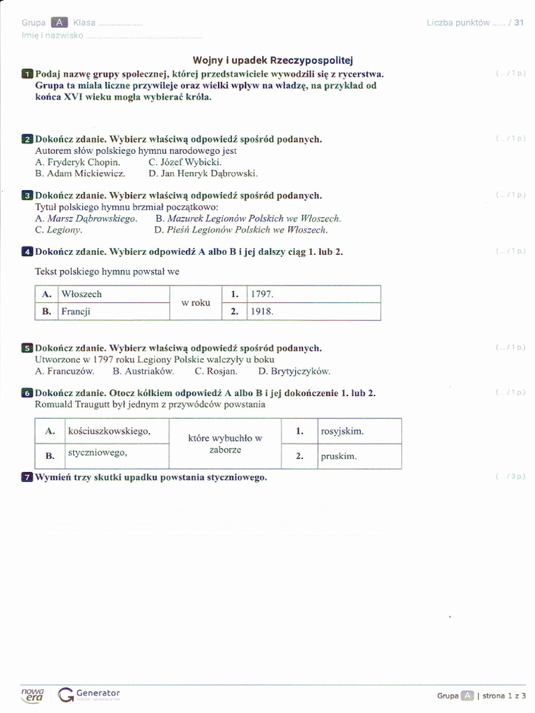 Wojny I Upadek Rzeczypospolitej - kl.4 | PDF