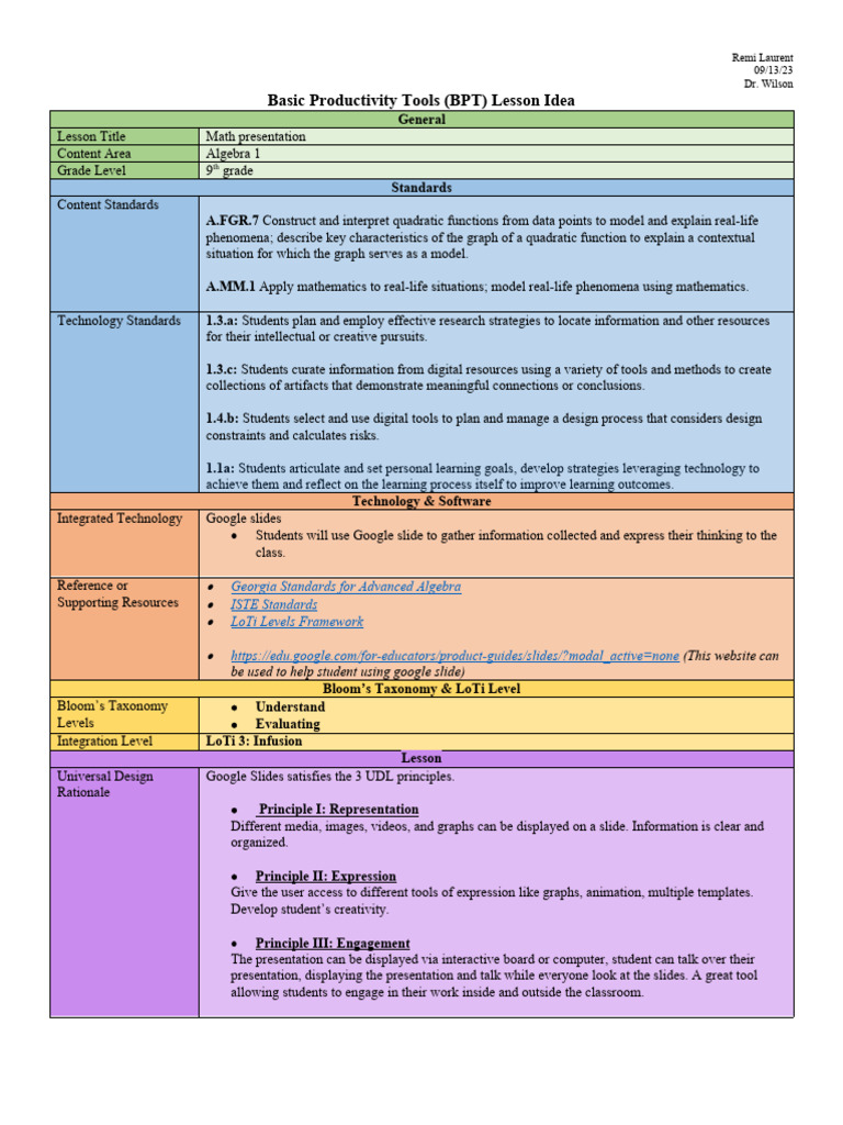 Basic Productivity Tools BPT Lesson Idea Remi Laurent | PDF | Quadratic ...