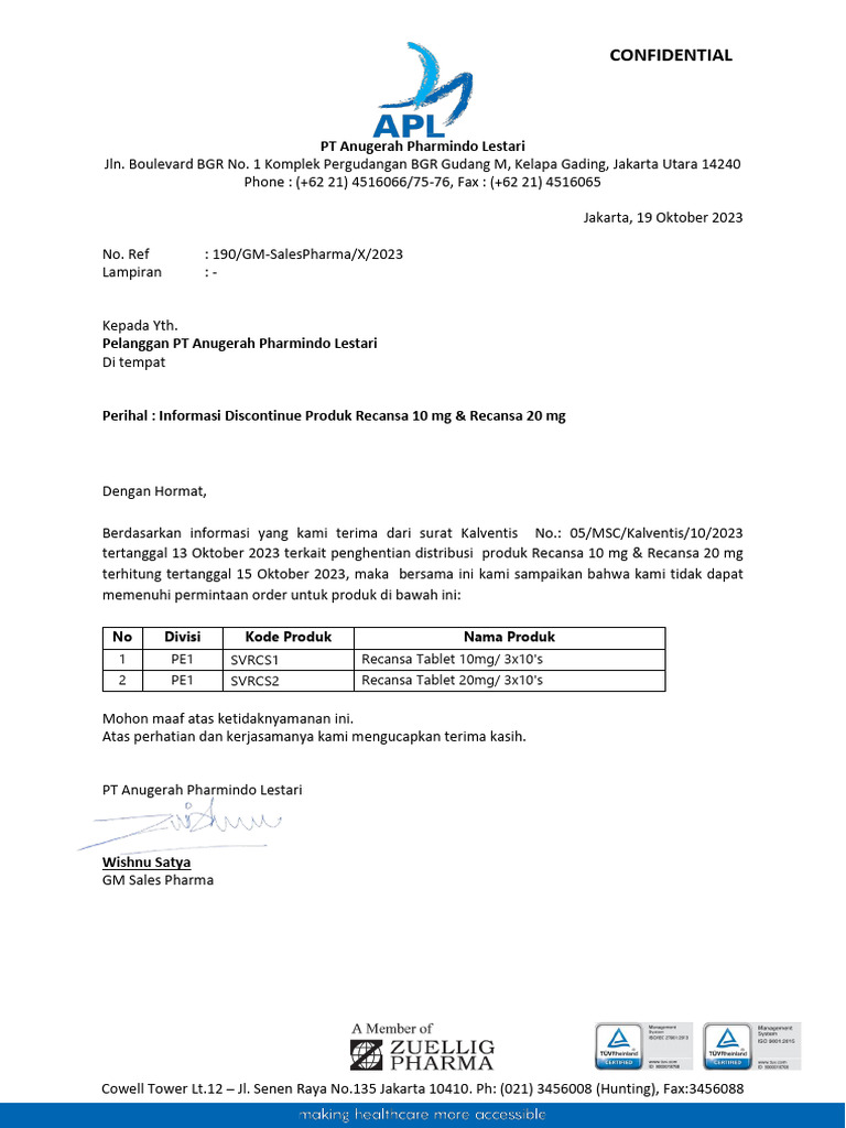 190 - Surat Discontinue Produk Kalventis (Recansa 10 MG 20 MG) - 1 | PDF
