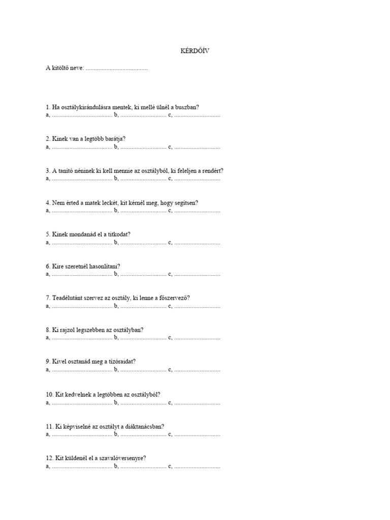 Szociometriai Teszt KÉRDŐÍV | PDF