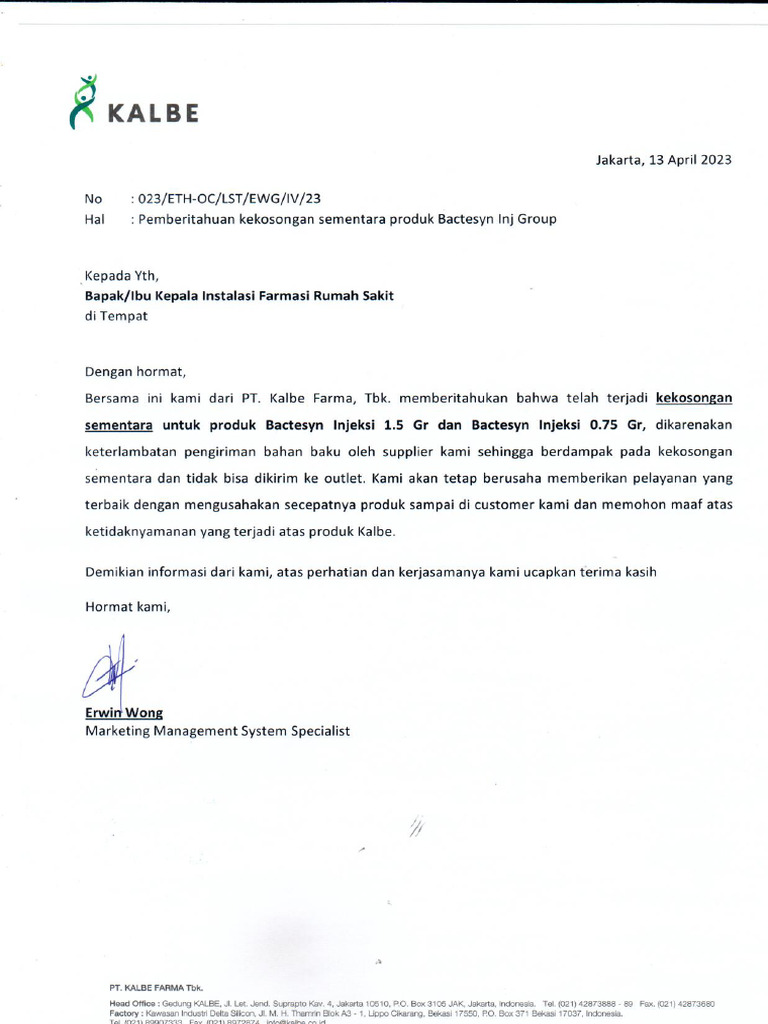 023 - Surat Pemberitahuan Kekosongan Bactesyn Inj Group | PDF
