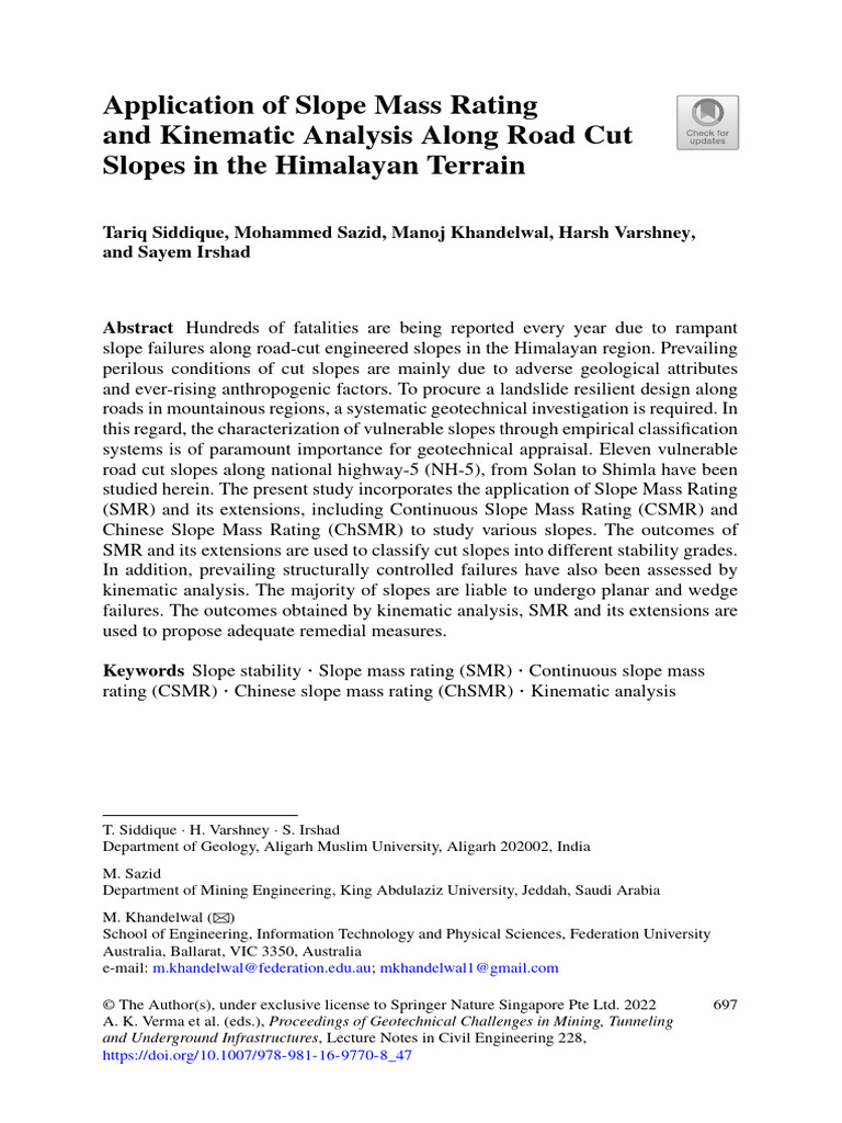Application of Slope Mass Rating and Kinematic Analysis Along Road Cut Slopes in The Himalayan ...