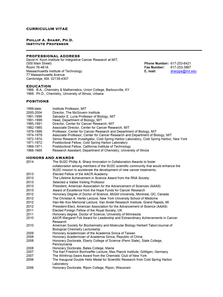 CV - Phillip Sharp | PDF | Messenger Rna | Rna Splicing