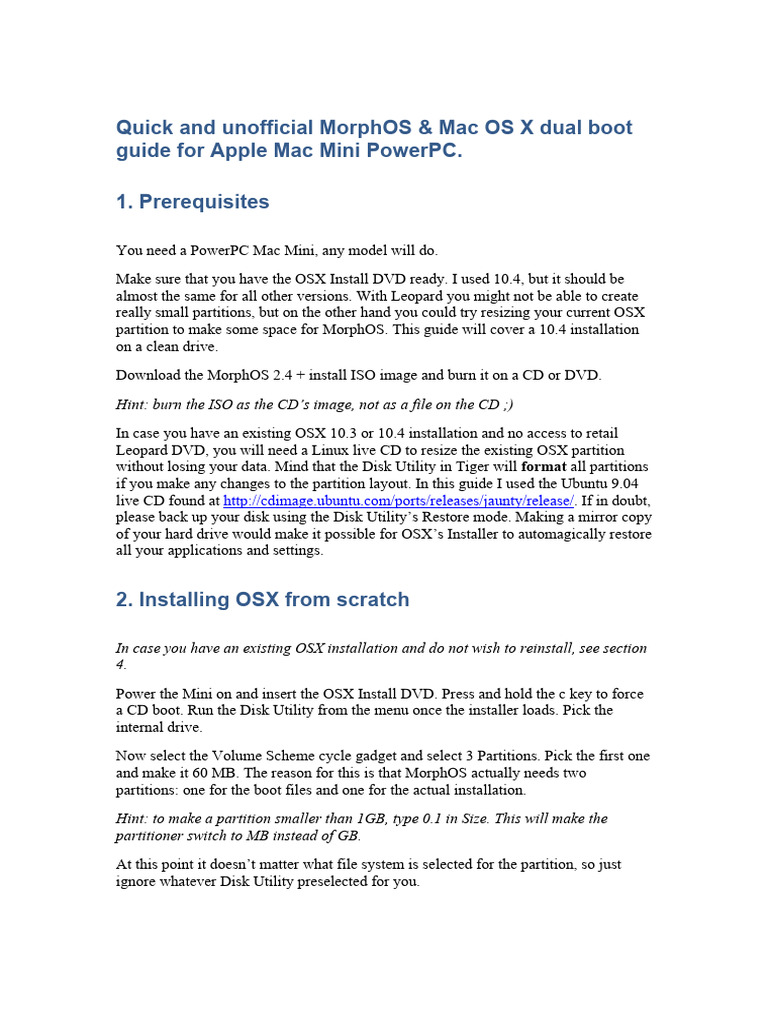 Dual Boot MorphOS & Mac OS X Guide | PDF | Mac Os | Installation ...