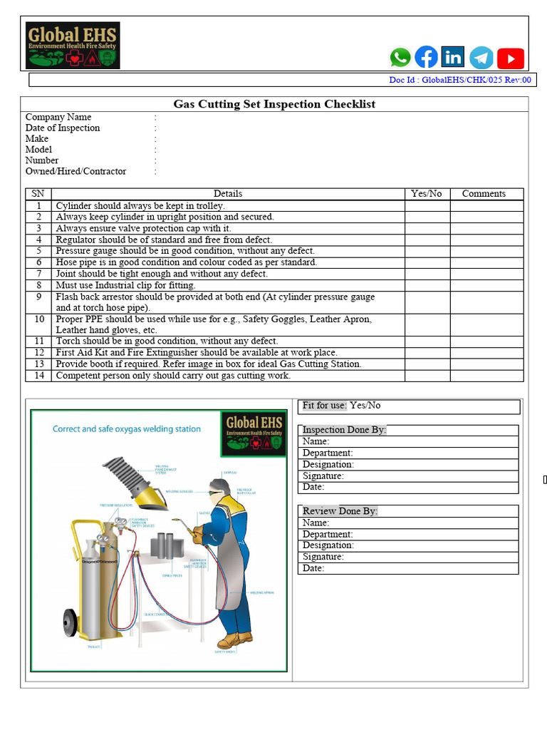 Gas Cutting Set Safety Inspection Checklist | PDF