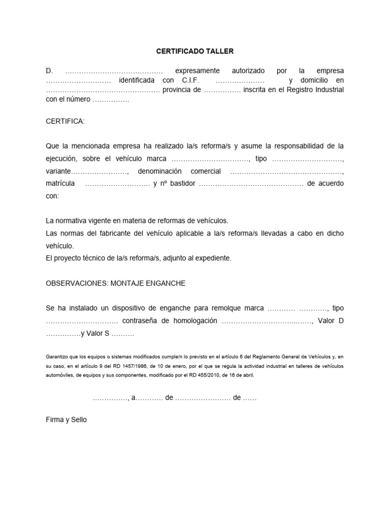 Certificado de Taller para Enganche Remolque | PDF