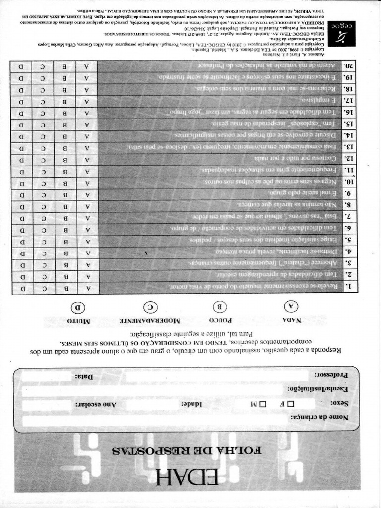 Escala EDAH Folha de Resposta para Imprimir | PDF