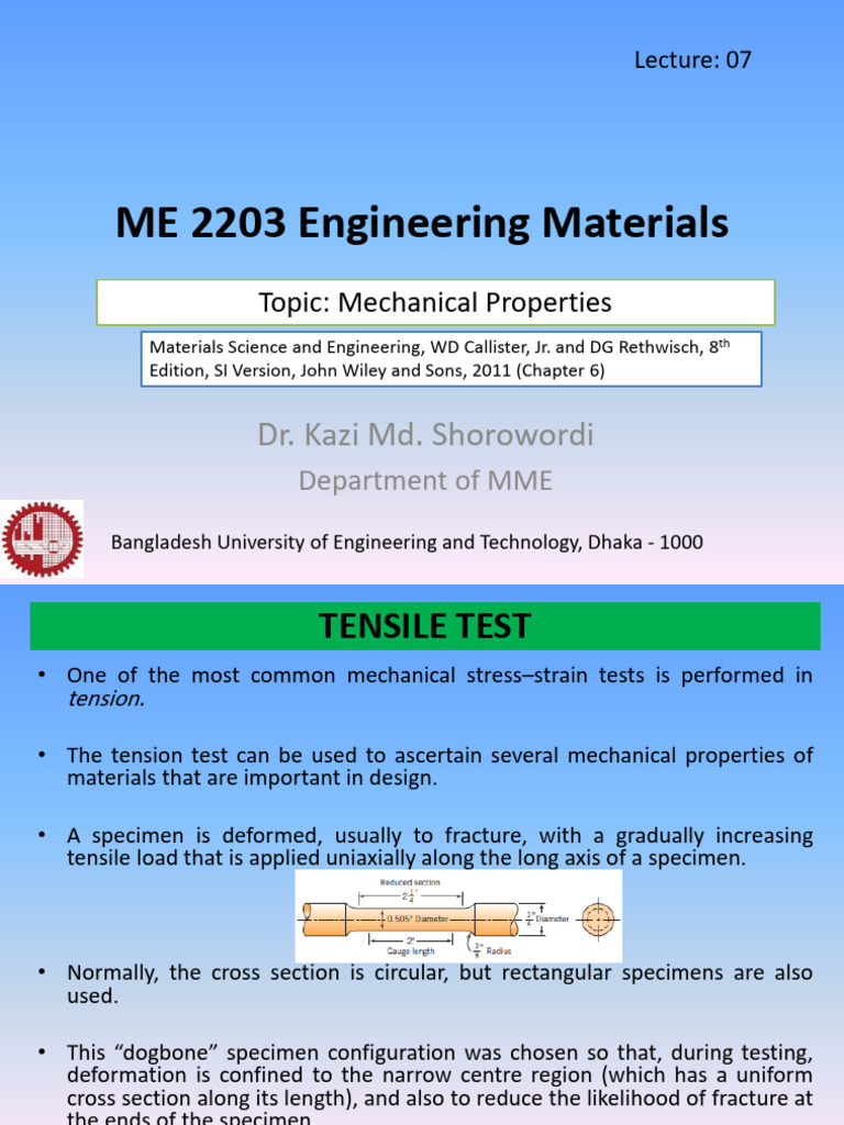 ME 2203 Engineering Materials: Dr. Kazi Md. Shorowordi | PDF | Hardness | Deformation (Engineering)