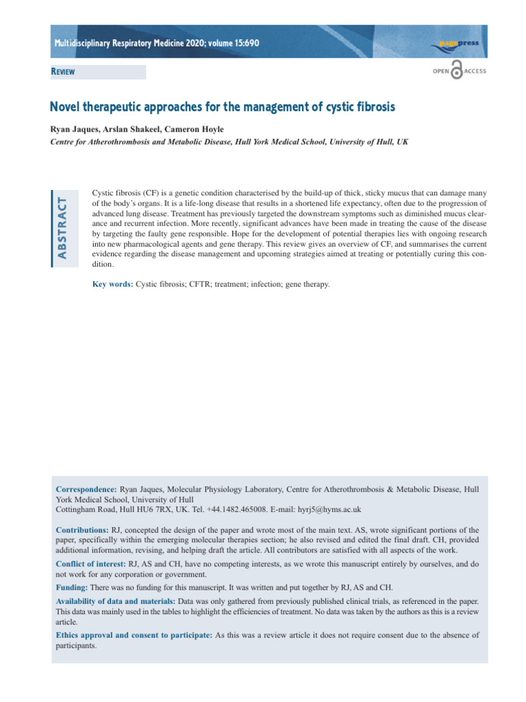 Novel Therapeutic Approaches For The Management of Cystic Fibrosis ...