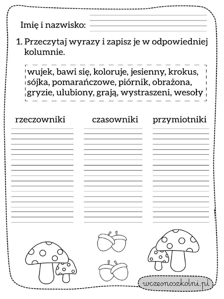 Karta Pracy Czasowniki Rzeczowniki I Przymiotniki | PDF