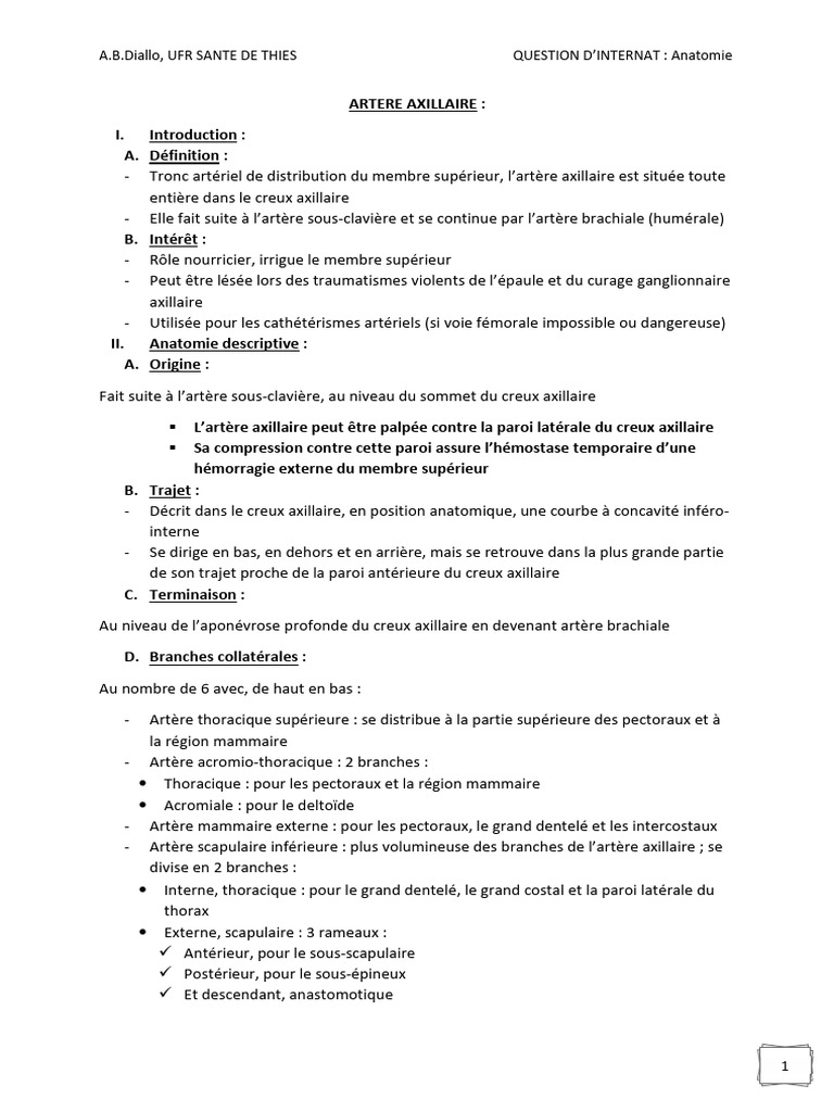 Anatomie de l'artère axillaire | PDF | Anatomie humaine | Anatomie