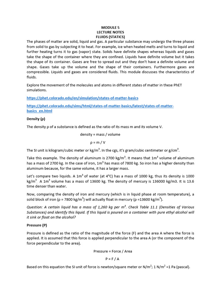 Fluid Statics Lecture Notes | PDF | Buoyancy | Density