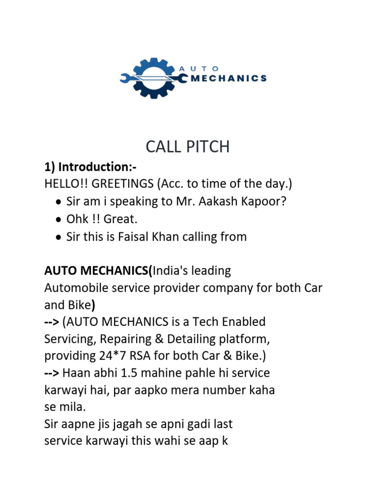 Auto Mecanics Call Pitch | PDF | Transport | Motor Vehicle