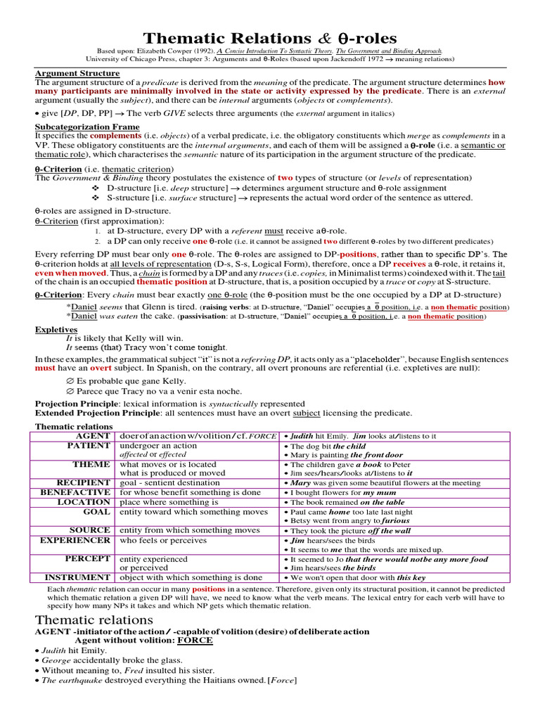 Thematic Relations & - Roles | PDF | Subject (Grammar) | Lexical Semantics
