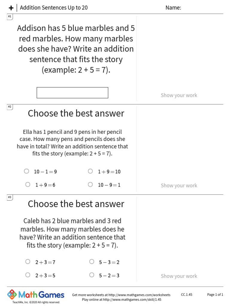 1 45 Addition Sentences Up To 20 | PDF