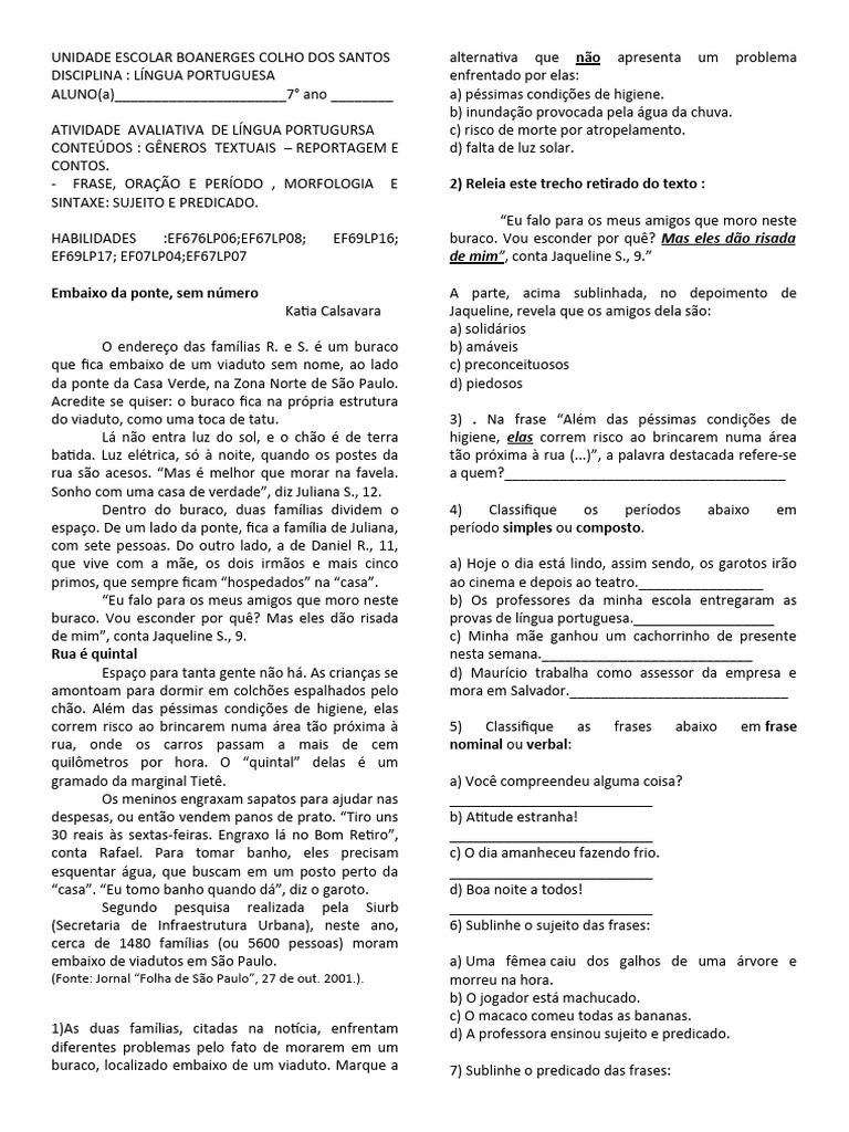 Atividade Avaliativa 6 e 7 Ano | PDF