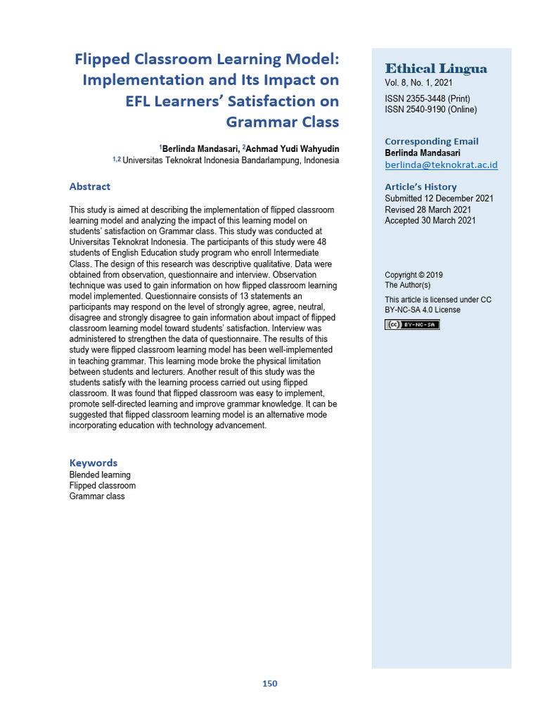 Flipped Classroom Learning Model: Implementation and Its Impact On EFL Learners' Satisfaction On ...