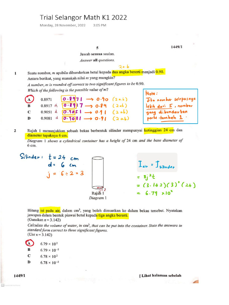 2022 Trial Math SelangorB K1 (Working) | PDF