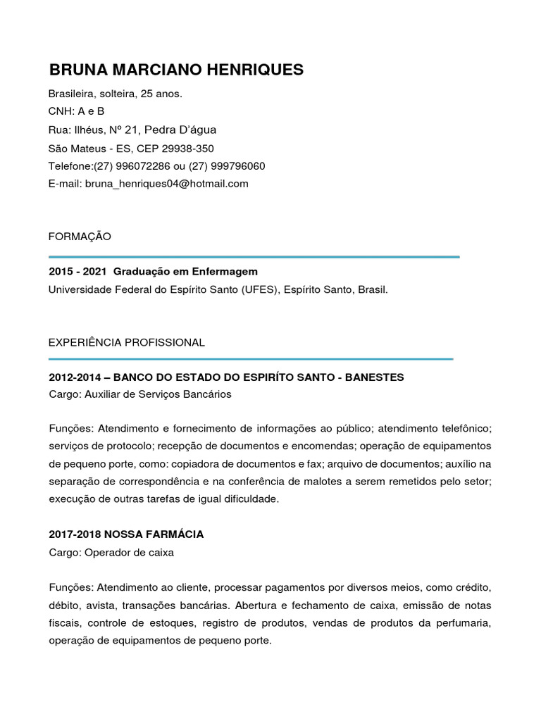 CV Bruna | PDF | Enfermagem | Remédio