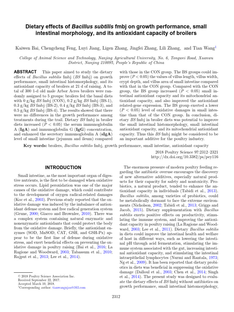 Dietary Effects Of Bacillus Subtilis Fmbj On Growth Performance 2018 Poultry Pdf