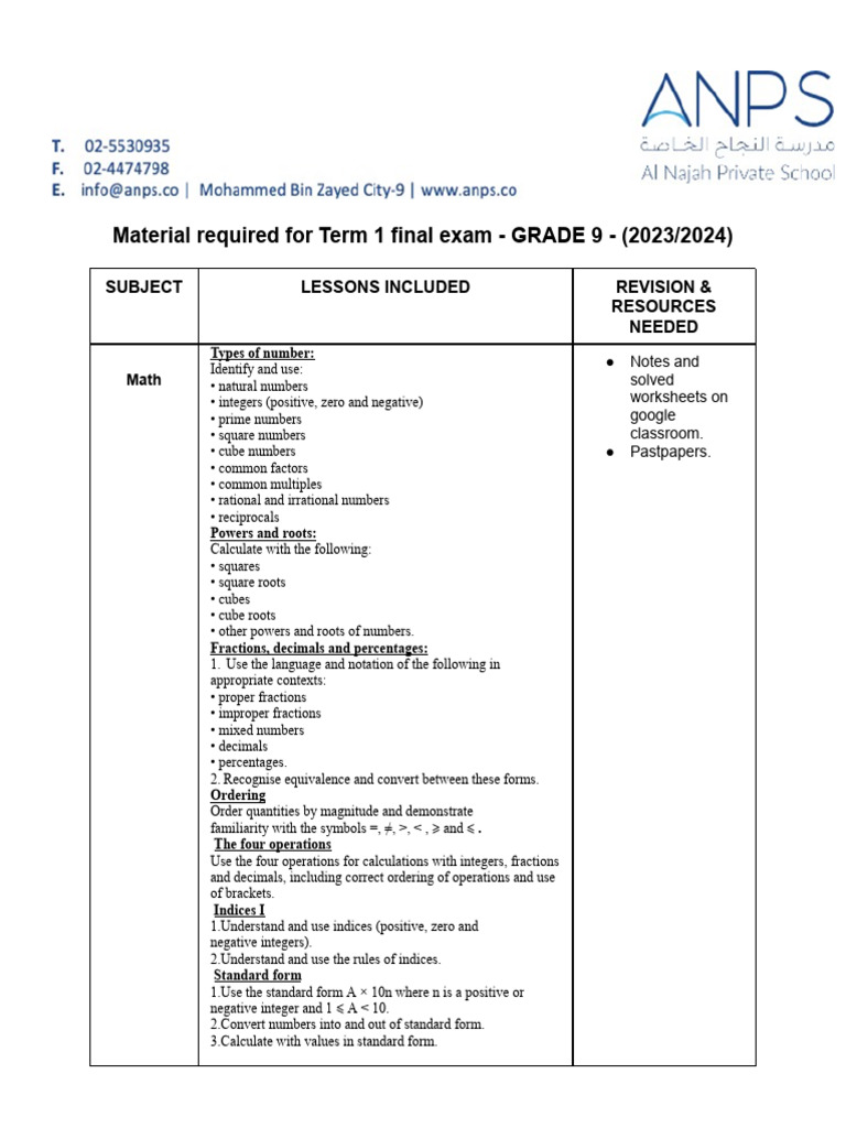G9 - Material Required For Term 1 Final Exam | PDF | Numbers | Number ...